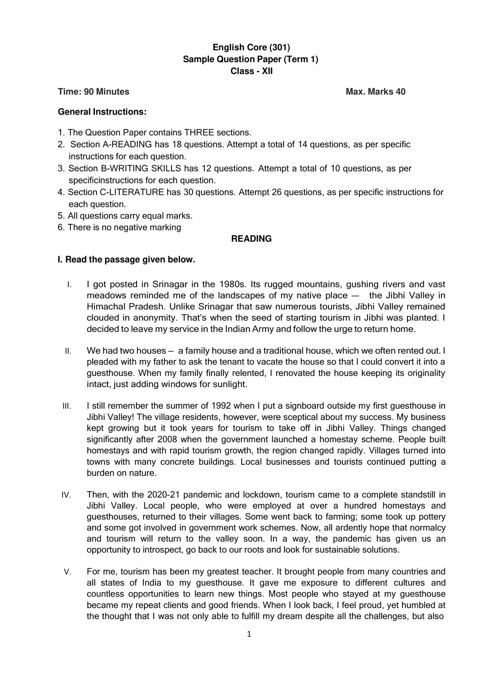 CBSE Class 12 English Core Sample Question Paper 2022 - Education Idol